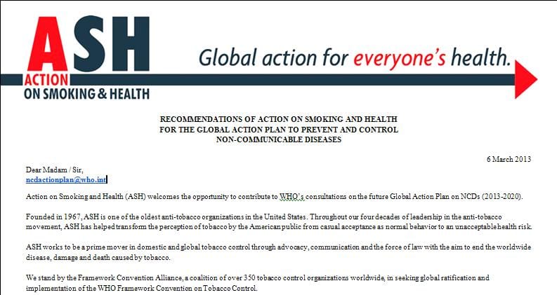 ASH Submission to WHO on NCDs – ASH > Action on Smoking & Health