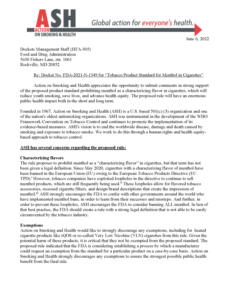 ASH Comment to FDA on Menthol – ASH > Action on Smoking & Health