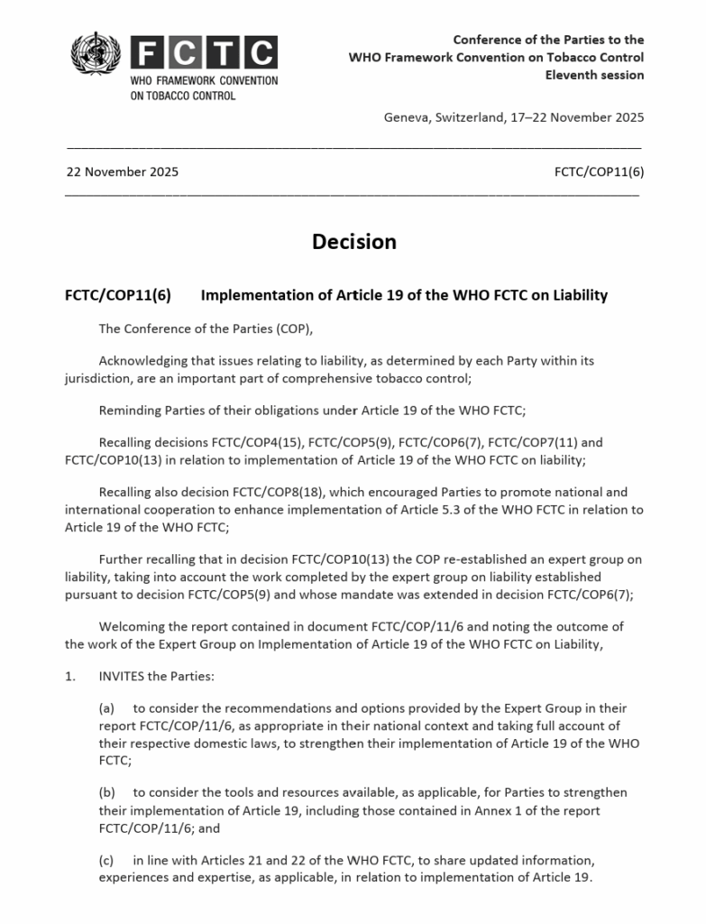 FCTC COP11: Article 19 (Liability) Decision – ASH > Action on Smoking ...